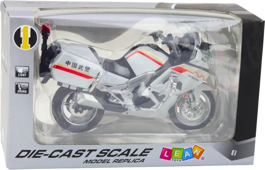 LEAN Toys Kovový motocykl se světly a zvuky, bílý s červenými a žlutými pruhy, měřítko 1:12