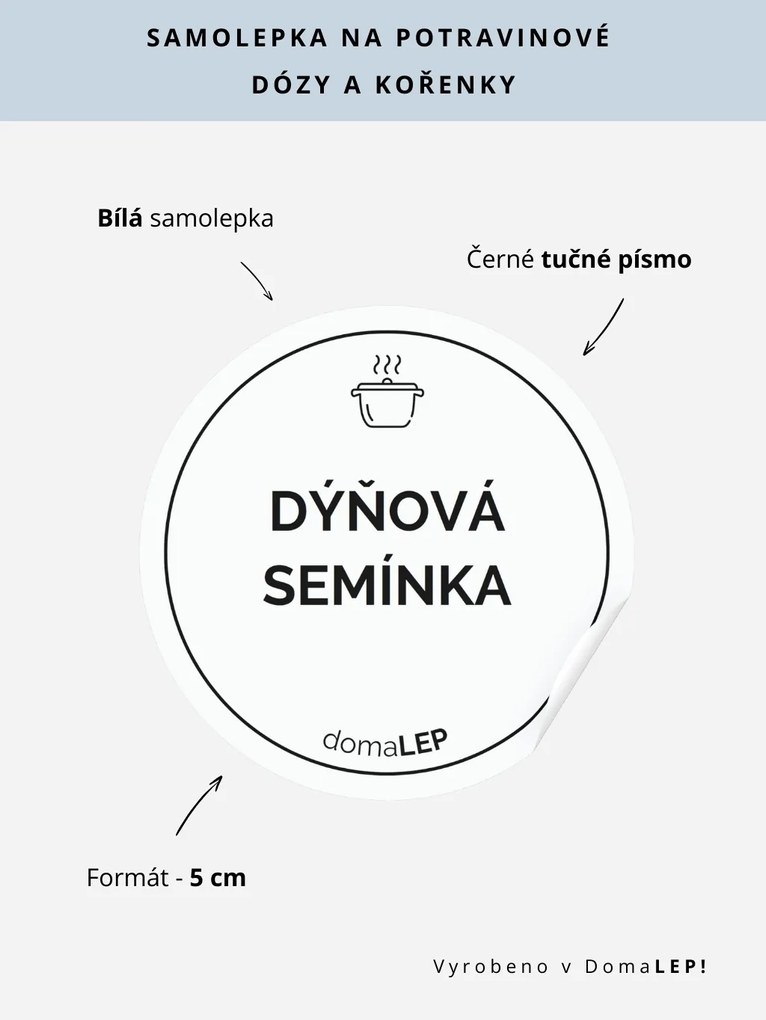 DÝŇOVÁ SEMÍNKA – bílá samolepka na dózu, tučné písmo, 5 cm | DomaLEP