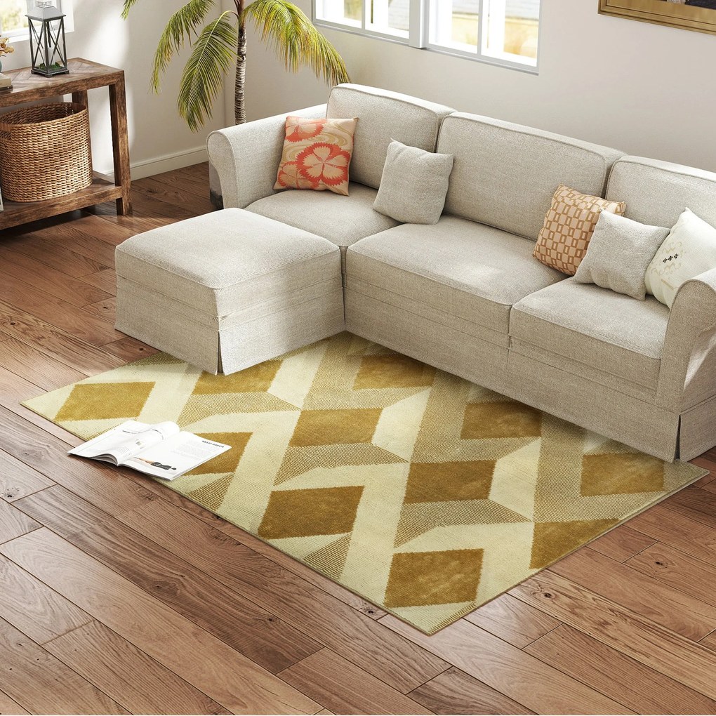 Koberec do obývacího pokoje HOMCOM 170x120 cm Pratelný koberec se krátkým vlasem s kostkovaným designem pro obývací pokoj, ložnici či jídelnu Krémová