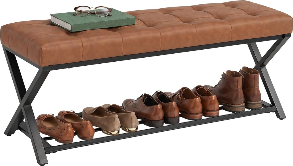 HOMCOM lavice na boty s polstrovaným sedákem, botník s úložným prostorem, průmyslový X-rám z oceli, PU kůže, nosnost až 220 kg, 112 x 37 x 47 cm, hněd