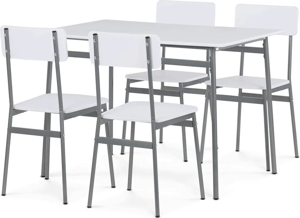 Jídelní set DELUMO 1+4 - bílý / šedé kovové nohy