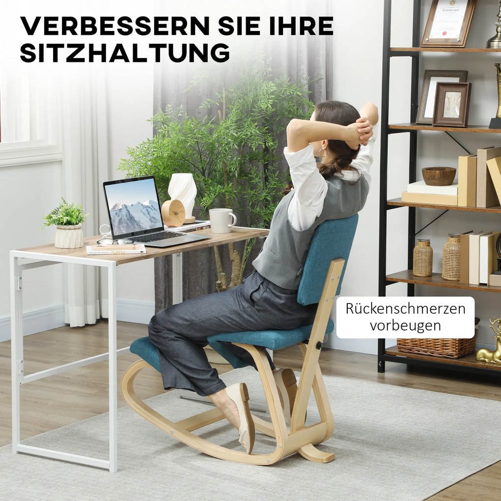 HOMCOM ergonomická klečící židle s opěrkou — březová kancelářská a meditační stolička (tmavě modrá)