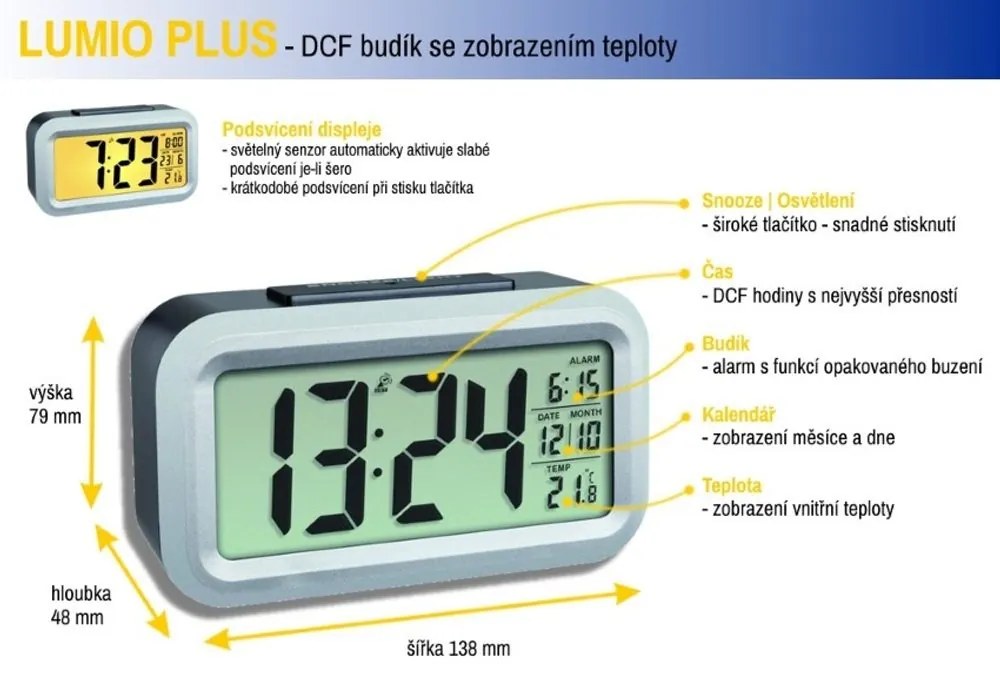 Rádiem řízený digitální budík s možností podsvícení TFA 60.2553.01 LUMIO PLUS - barva černá