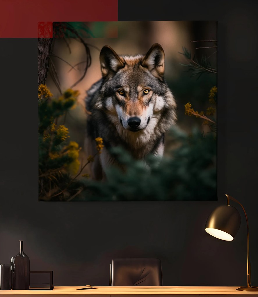 Obraz na plátně - Vlk se rozhlíží v jehličnatém lese FeelHappy.cz Velikost obrazu: 100 x 100 cm