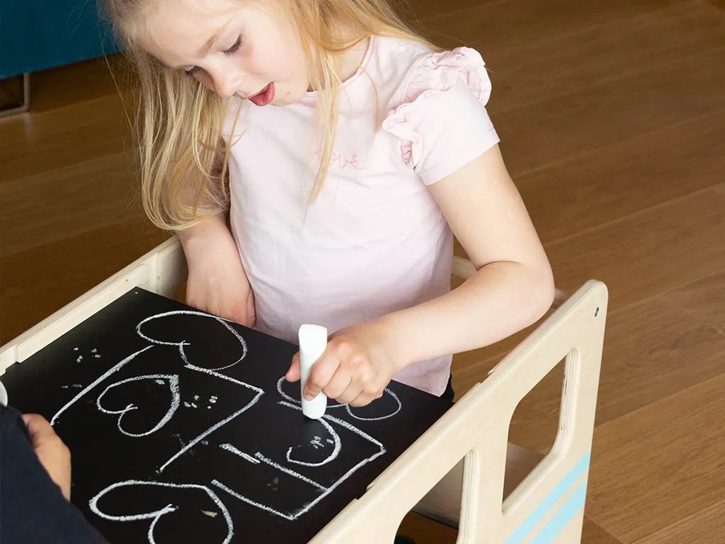 Benlemi Dřevěná skládací učící věž AUTOBUS 5v1 s křídovou tabulí pro děti Zvolte barvu: Růžová samolepka