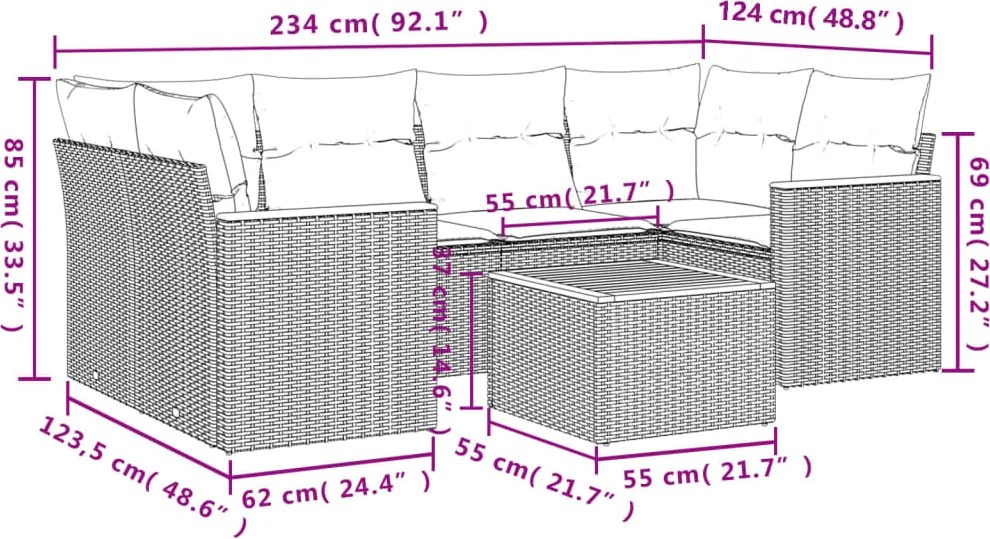 7dílná zahradní sedací souprava s poduškami šedá polyratan 3258203