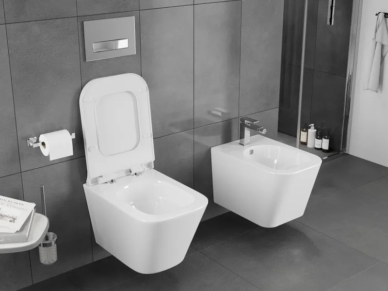 Mexen Teo, závěsná WC mísa 510x345x340 mm, Rimless Tornádo + WC sedátko z duroplastu, bílá lesklá, 30850700T