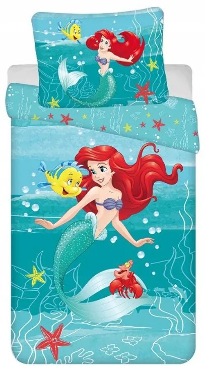 Dětské bavlněné licenční povlečení Disney princezna Ariel s přáteli 140x200cm / 70x90cm zelené