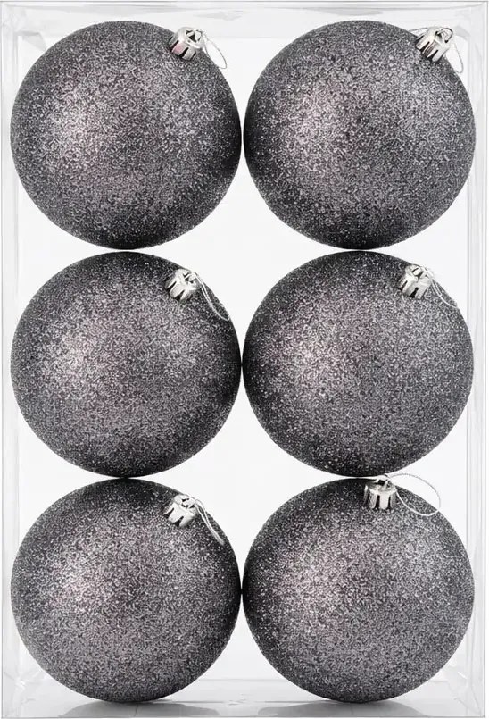 Sada vánočních ozdob šedá glitter 10 cm plastová koule, balení 6 ks