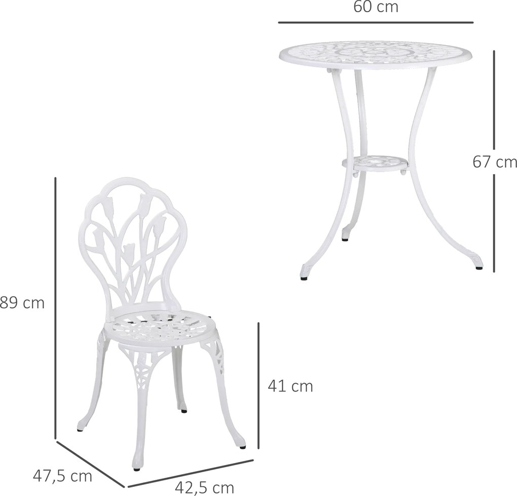Outsunny sedací souprava pro 2 osoby jídelní set zahradního nábytku se stolem a 2 židlemi, hliníková s otvorem pro slunečník, bílá pro balkon a teras…