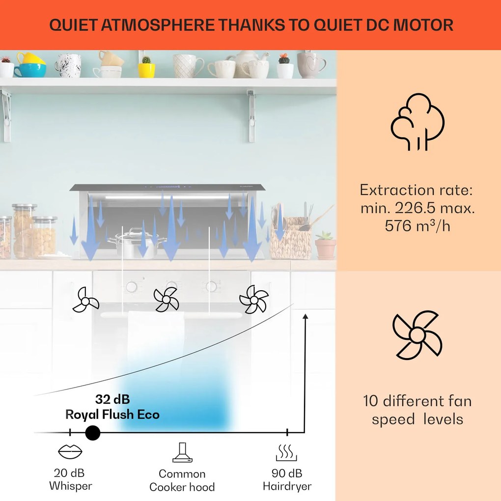 Klarstein Royal Flush Eco, digestoř, 90 cm, výsuvná, 576 m³/h, A+, černá