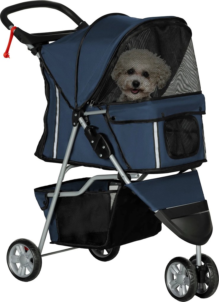 Skládací kočárek PawHut pro psy s úložným košíkem, síťovými okny a 2 univerzálními koly, nosnost 15 kg, 75x45x97 cm, námořnická modř | Aosom