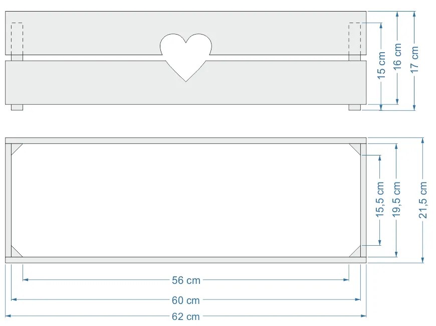 AMADEA Dřevěný obal s truhlíkem se srdcem bílý, 62x21,5x17cm Český výrobek