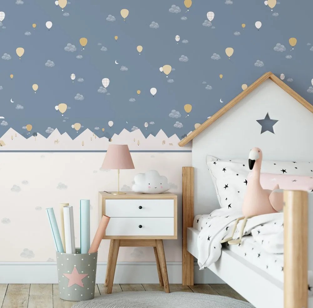 Modrá dětská vliesová tapeta na zeď - mráčky, balony, 7001-4, Noa, ICH Wallcoverings