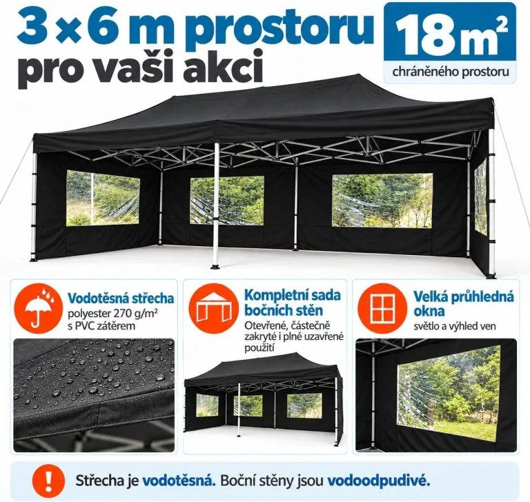 Nůžkový párty stan 3 × 6 m s bočními stěnami, černý