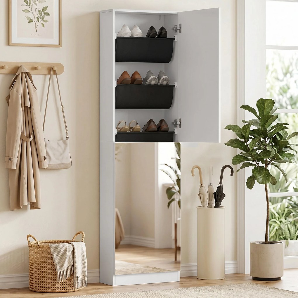 HOMCOM úzký úsporný botník s celozrcadlem, 5 textilních polic, otočné tlumené dveře, pojme 12 párů, 50 x 20 x 180 cm, bílý