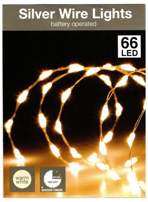 Řetěz 66 LED teplá bílá s časovačem na baterie stříbrná 100cm