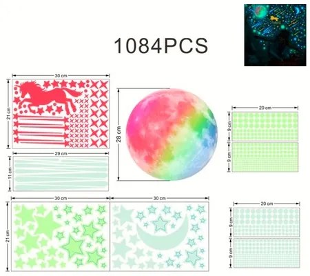 Samolepky na zeď - svítící měsíc s hvězdami Varianta: set C - velký duhový měsíc + hvězdy, 1084ks