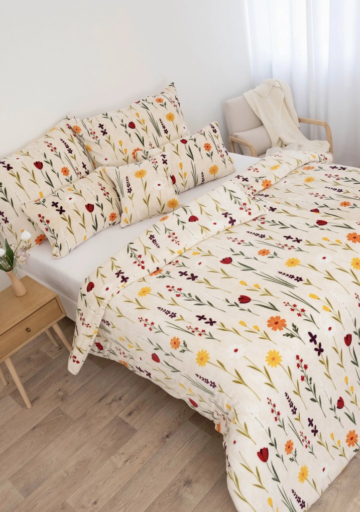 MK Lůžkoviny Prodloužené mikroplyšové povlečení Exclusive – Rozkvetlá louka přírodní 140 × 220 cm, 70 x 90 cm