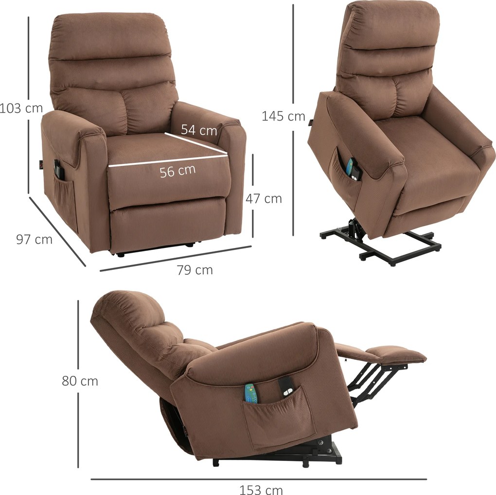 HOMCOM TV křeslo polohovací elektrické s masážní funkcí vyhřívání polohovací funkce polyester světle hnědá 79x97x103cm pro pohodlí a relaxaci | Aosom…