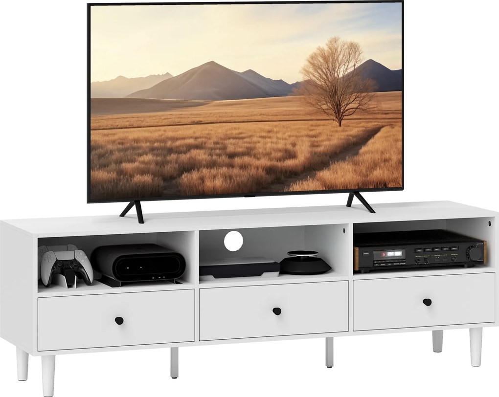 TV stolek HOMCOM s přihrádkami a šuplíky, 140 cm dlouhý TV konzole pro TV do 75 palců s úložným prostorem a organizací kabelů, bílý 140x34x45cm