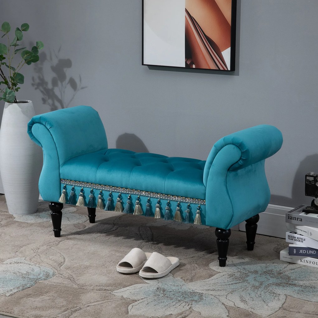 HOMCOM Čalouněná lavice, Sametový vzhled, Luxusní lavice s dřevěnými nohami, Chodní lavice do ložnice, nosnost až 150 kg, Modrá, 117 x 40 x 58 cm