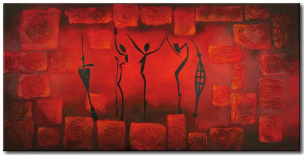 Obraz Rituál (1 díl) - siluety tance na červeném pozadí s desénem