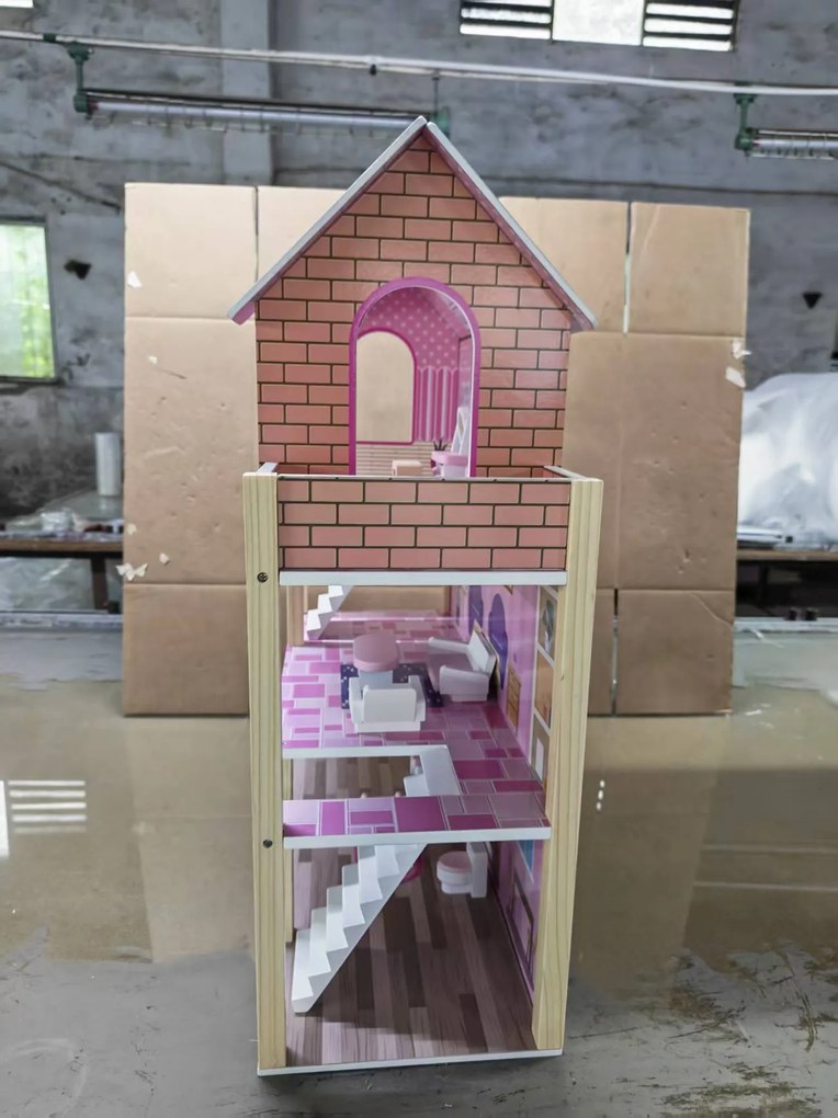 AIYAPLAY Dřevěný domeček pro panenky pro děti, vysněný domeček pro dívky, 3 patra s balkónem, schodištěm a 10 doplňky, růžový
