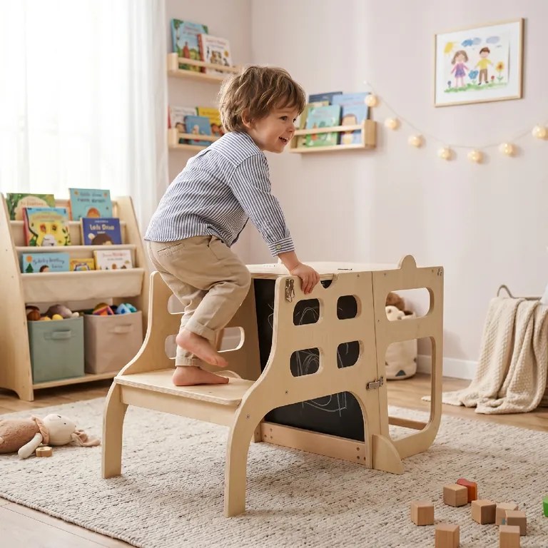 Montessori učící věž 3v1 s tabulí MONTI - přírodní