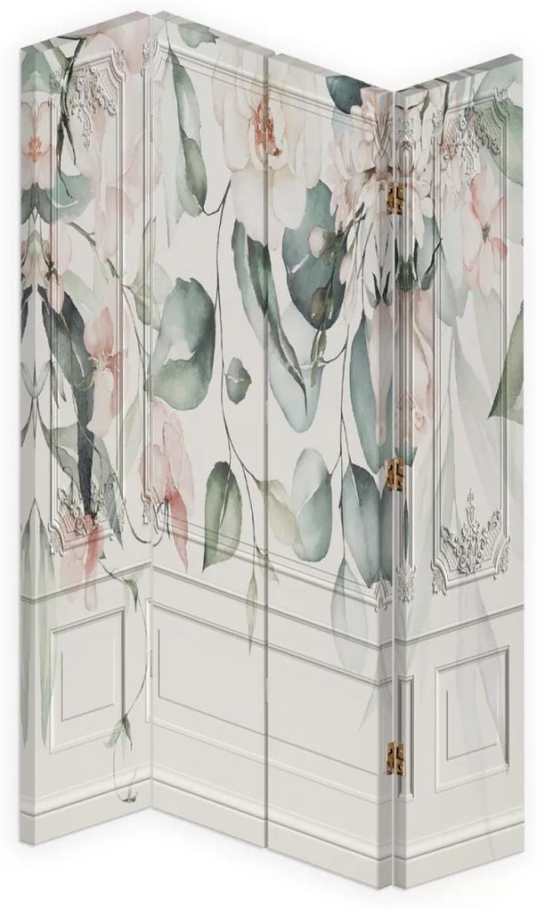 Ozdobný paraván Květiny Pastelové listy - 145x170 cm, čtyřdílný, klasický paraván