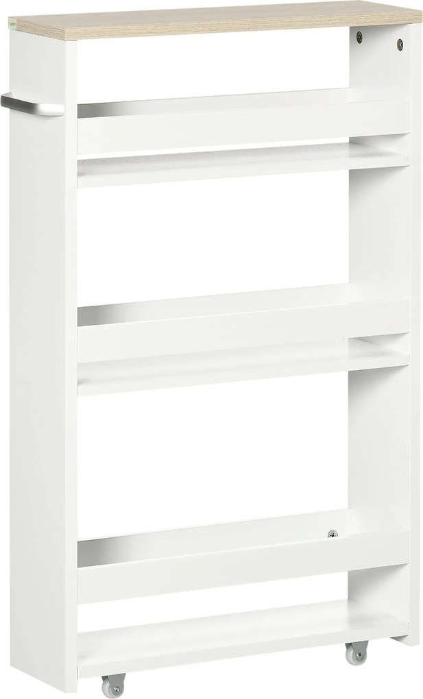 Kleankin 3-patrový úzký koupelnový regál se bočním madlem a kolečky pro kuchyň a obývací pokoj, moderní styl 48x15x80 cm Bílý | Aosom