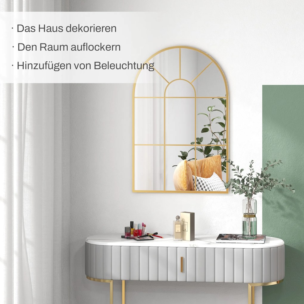 HOMCOM nástěnné zrcadlo okenní zrcadlo 91 x 60 cm dekorativní s kovovým rámem závěsné zrcadlo do obývacího pokoje ložnice ve zlaté barvě