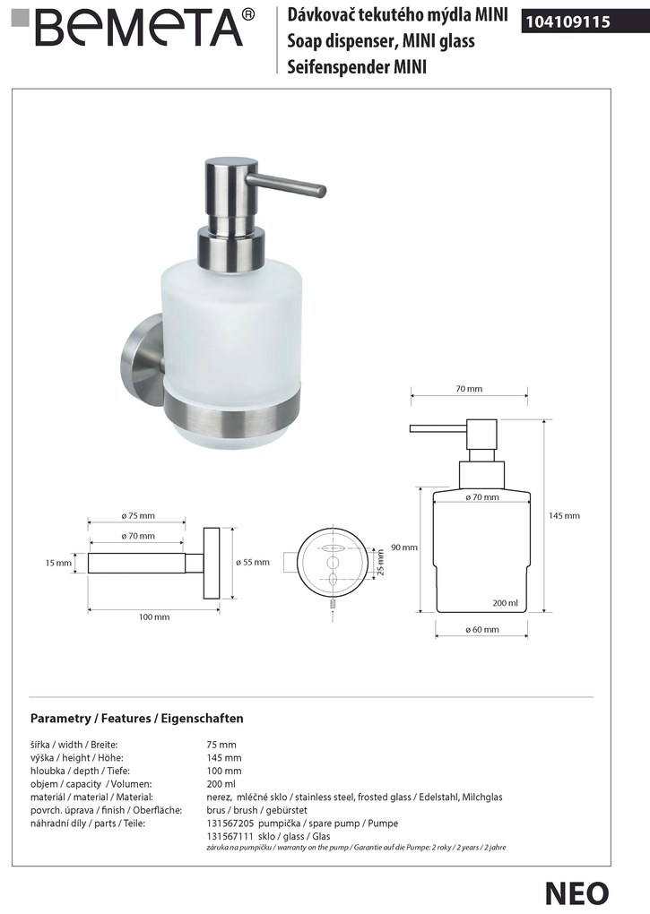 Bemeta Design NEO: Dávkovač mýdla, 200 ml - 104109115
