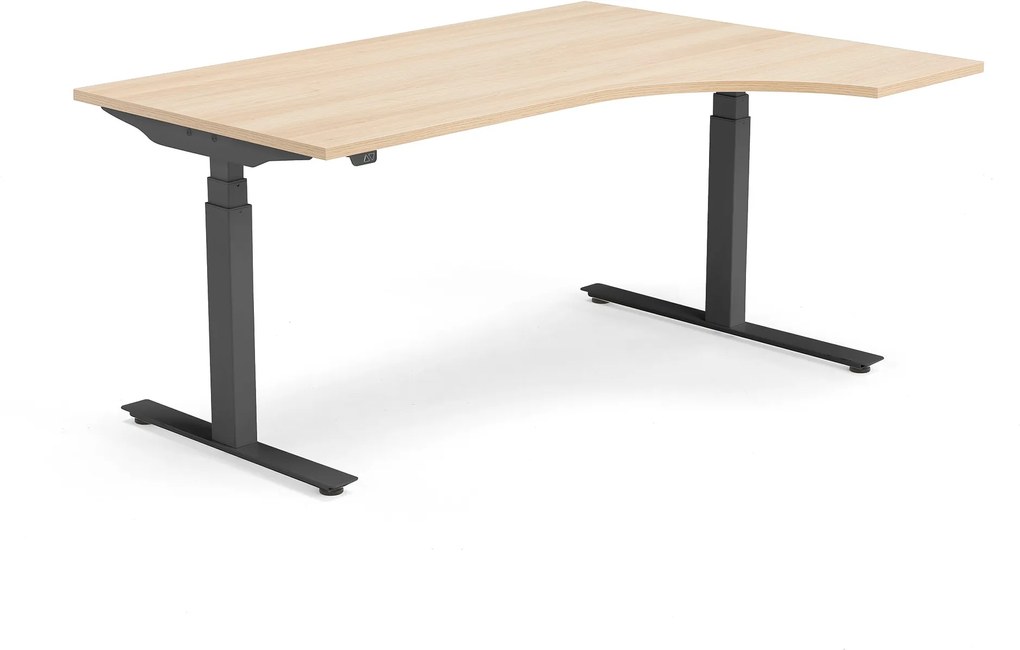 AJ Produkty Výškově stavitelný stůl Modulus, rohový, 1600x1200 mm, černý rám, dub