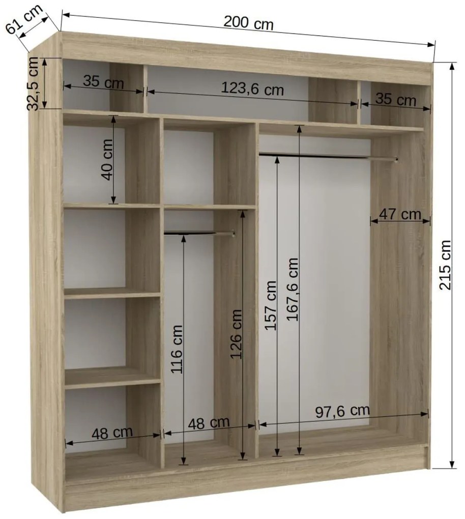 Šatní skříň s posuvnými dveřmi Karen - 200 cm Barva: dub Sonoma