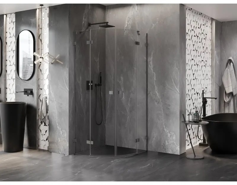 Mexen Lunar, půlkruhový výklopný sprchový kout 80 x 80 cm, 8mm čiré sklo, pistolově šedý kartáčovaný - 833-080L-080P-66-00