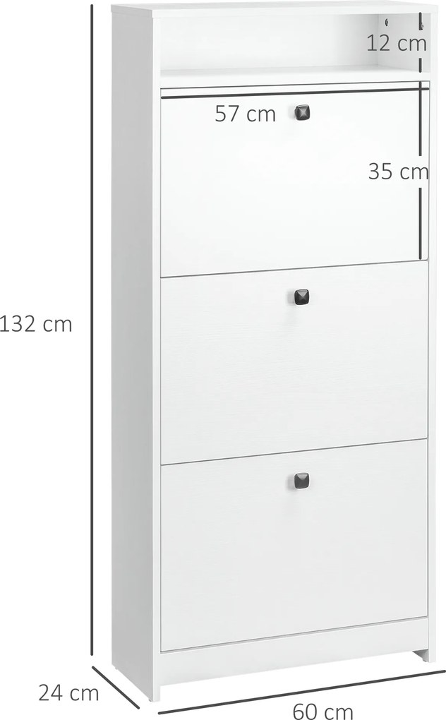 HOMCOM Botník s 3 sklápěcími přihrádkami (18 párů bot) a 1 úložnou policí z dřevotřísky, bílý, 60x24x132cm