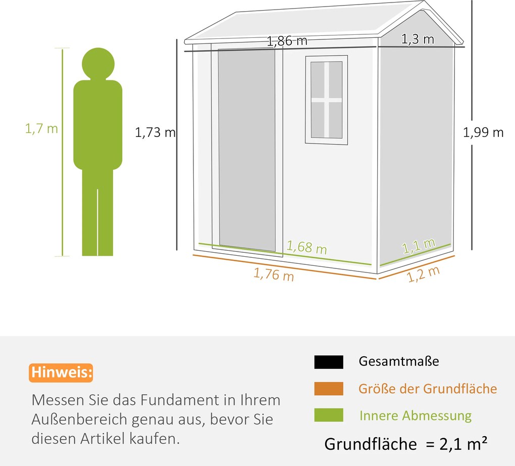 Outsunny Plastový Kůlna na Nástroje 2,1m² 186 x 130 x 199cm Zahradní Kůlna s Šikmou Střechou, Podlahou, Okénkem, Zámkem a Odolností proti Počasí pro …