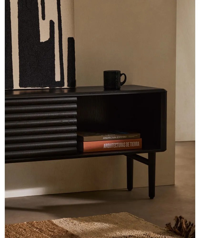 Černý TV stolek v dekoru dubu 200x57x35 cm Lenon – Kave Home