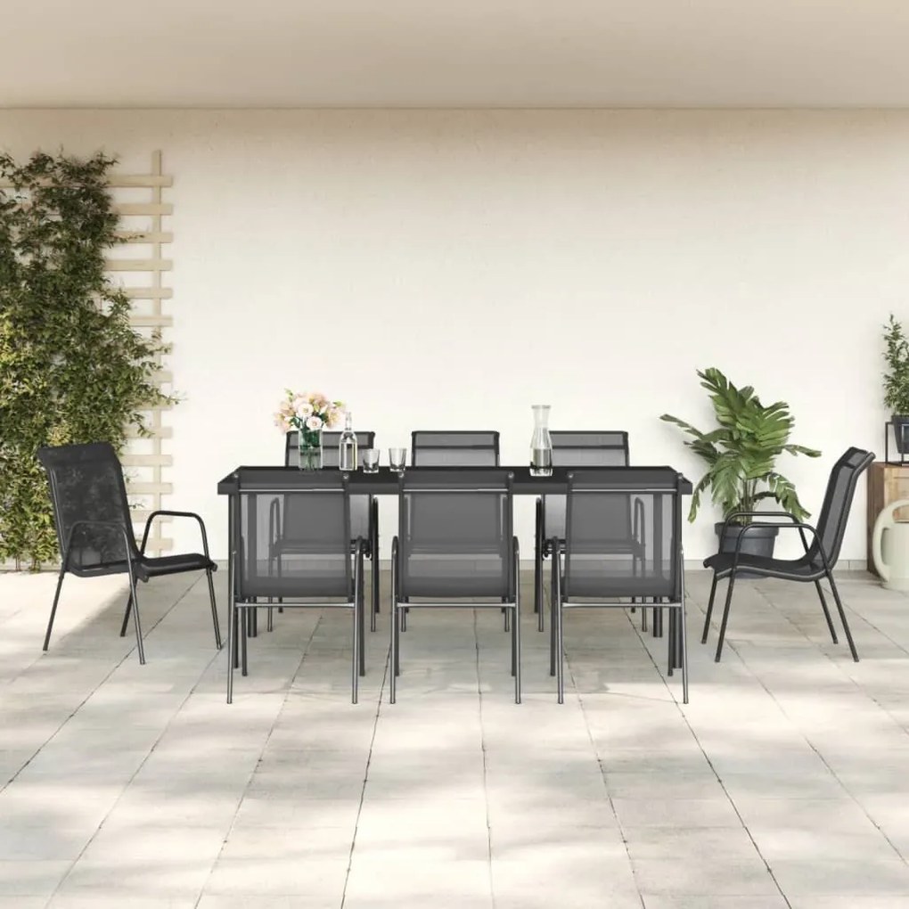 9dílný zahradní jídelní set černý ocel a textilen 3200681