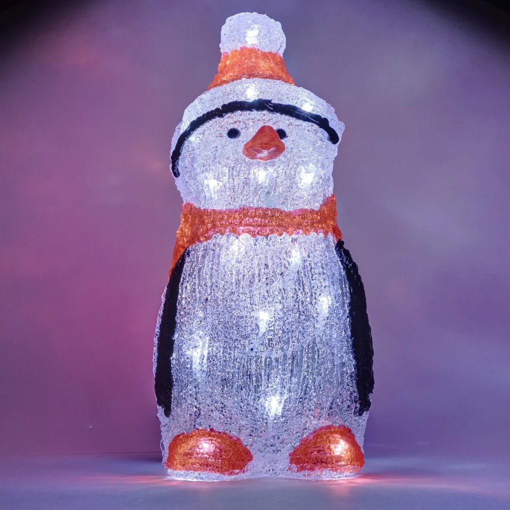 3D LED svítící tučňák 36 cm, s časovačem, akryl, vč. trafa, ledově bílá, hliník, IP44 venkovní