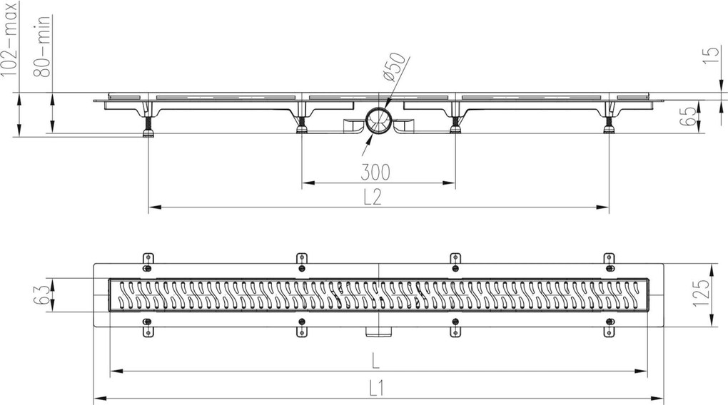 Chuděj Lineární plastový žlab 1050mm s nerezovým rámečkem a bočním odtokem d 50, medium lesk