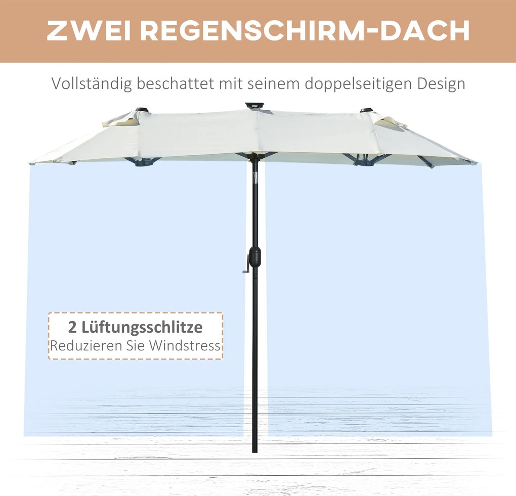 Dvojitý slunečník, terasový slunečník, sklápěcí, se solárním panelem, 35 LED diod, ocelový rám, béžová barva, 2,92 x 1,50 x 2,18 m