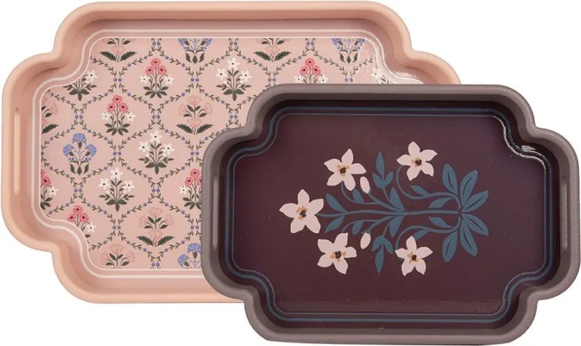 Set 2ks růžový a hnědý dřevěný podnos s květy - 46*30*5 / 35*24*5 cm