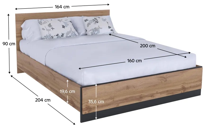 Kondela Postel, 160x200, dub wotan/černá, AMONI