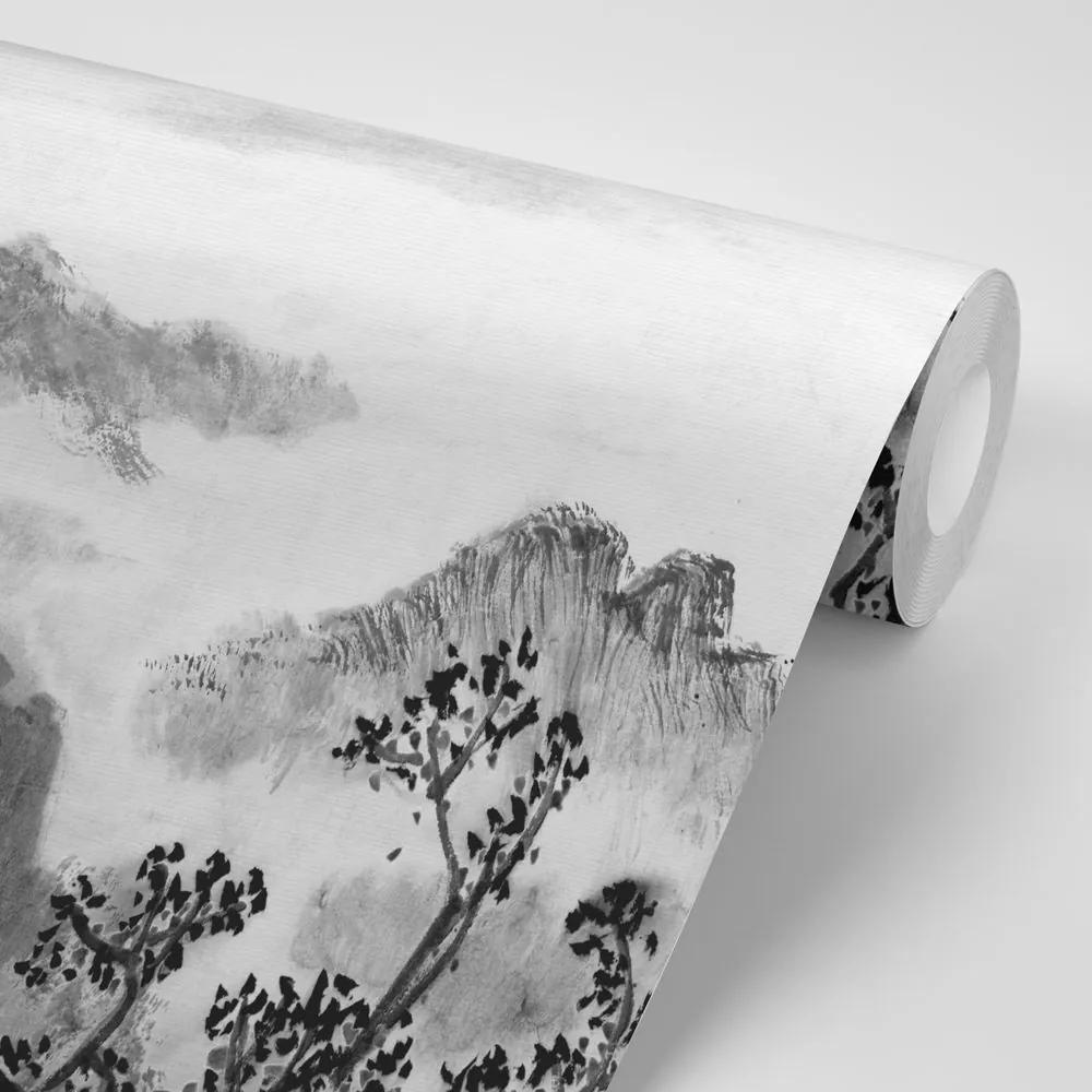 Samolepící tapeta černobílá čínská malba země