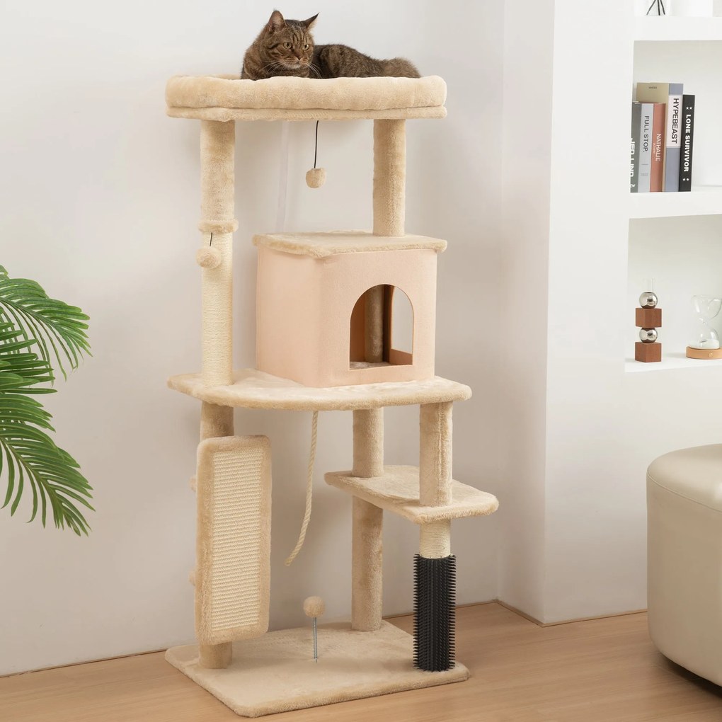 PawHut Kočičí škrabadlo výška 132 cm, kočičí věž s plošinami, sloupkem, kartáčem, závěsnými míčky a škrabacím polštářem béžová