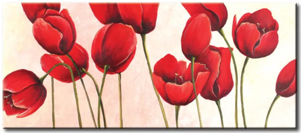 Obraz Radostné tulipány (1-dílný) - červené květy na pastelovém pozadí