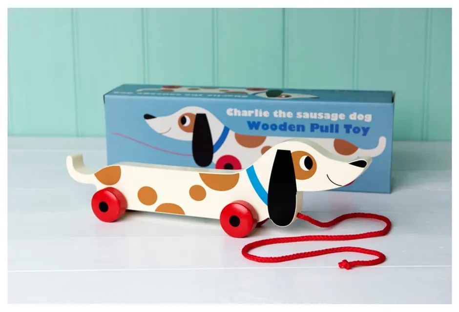 Dřevěný tahací jezevčík Rex London Charlie The Sausage Dog, délka 31,5 cm