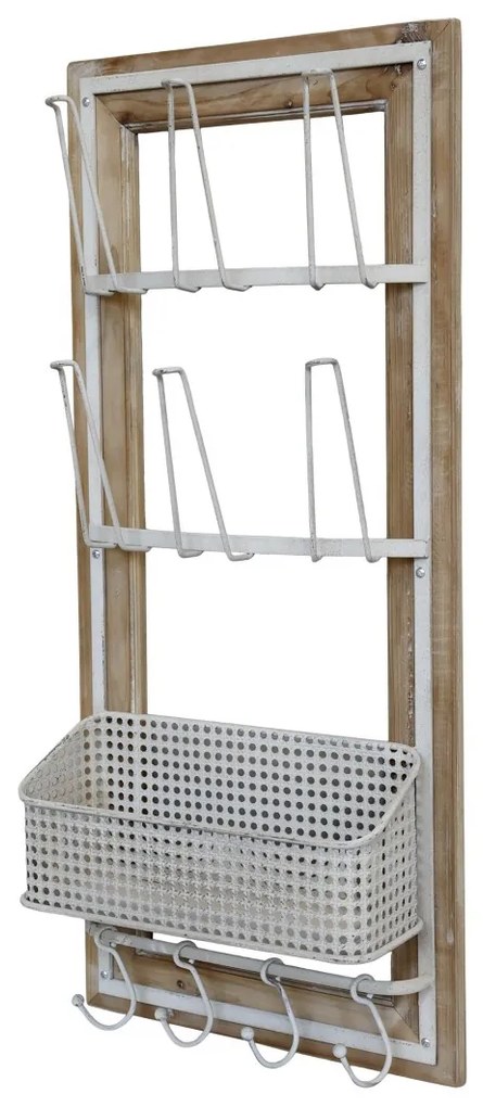 Krémová antik dřevěno-kovová nástěnná polička s háčky Old Shelf - 40*15*90 cm